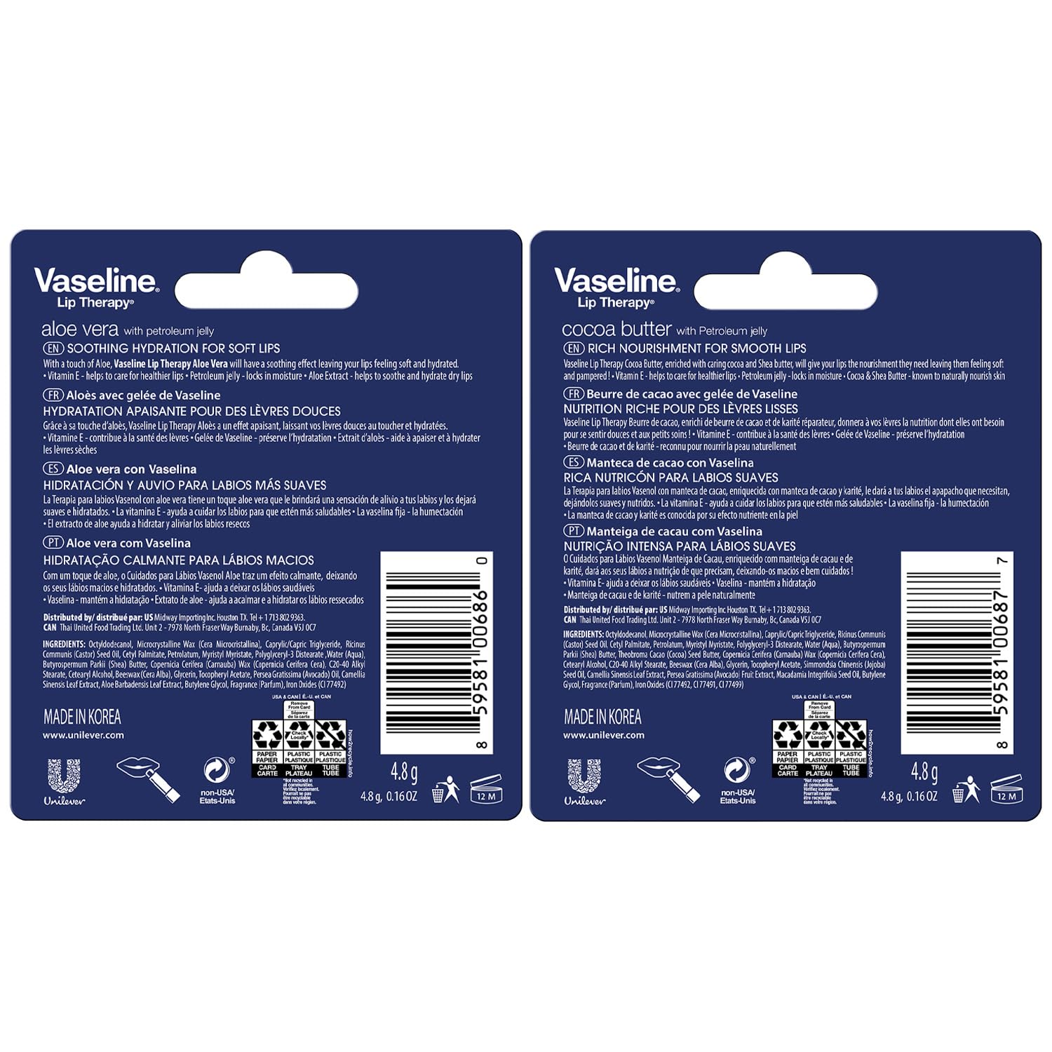 Vaseline Lip Therapy Variety 4-Pack – Cocoa Butter + Aloe Vera Moisturizing Lip Balm with Vitamin E, 0.16 Oz Ea