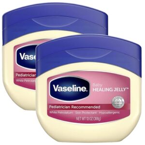 vaseline, 100% pure petroleum jelly baby, dermatologist recommended, hypoallergenic, skin protectant, treat & prevent diaper rash and chafed skin, seals out wetness, 2 pack -13 oz ea