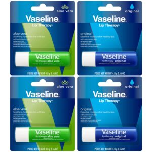 vaseline lip therapy variety 4-pack – original + aloe vera moisturizing lip balm with vitamin e, 0.16 oz ea