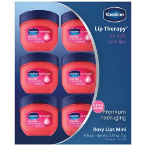 vaseline lip therapy rosy lips mini, pure petroleum jelly, advanced moisture, light rose fragrance, sheer pink tint on lips, mini vaseline petroleum jelly, soft vaseline lips (pack of 6-0.25 oz ea)