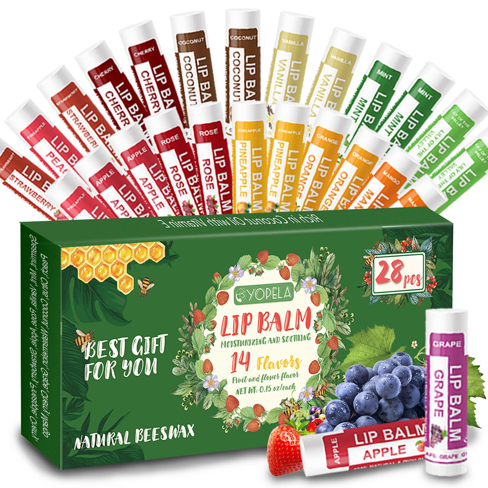 Yopela 28 Pack Natural Lip Balm Bulk with Vitamin E and Coconut Oil - Moisturizing, Soothing, and Repairing Dry and Chapped Lips - 14 Flavors - Non-GMO