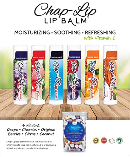 Chap-Lip Lip Balm Vitamin E Lip Balm with Coconut Oil - Lip Moisturizer Treatment - Soothing, & Refreshing, Total Hydration Treatment & Lip Therapy - Assortment of 6 Refreshing Flavors, 60 Count