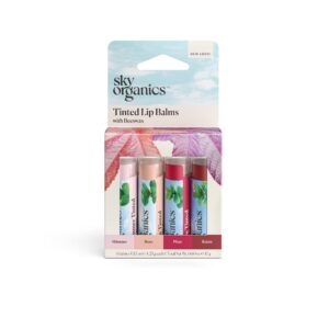 sky organics tinted lip balms with beeswax and a rich nourishing blend of plant oils, moisturizing lip balm to lock in moisture and add a sheer wash of color & shine , four assorted flavors, 4pk.