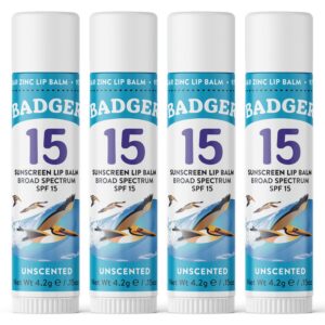 badger sunscreen lip balm spf 15, organic mineral sunscreen spf lip balm with zinc oxide, reef friendly, broad spectrum, water resistant, unscented, 15 oz (4 pack)