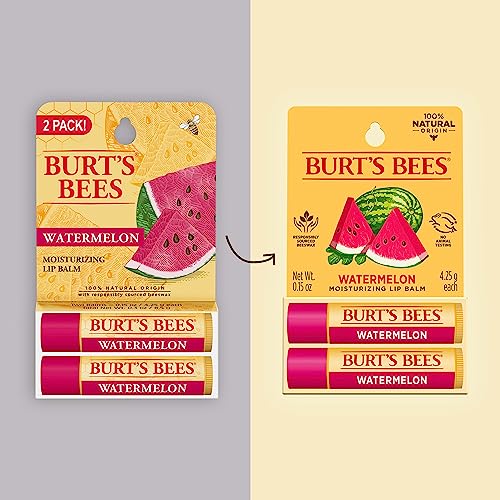 Burt's Bees Lip Balm - Watermelon, Lip Moisturizer With Responsibly Sourced Beeswax, Tint-Free, Natural Origin Conditioning Lip Treatment, 2 Tubes, 0.15 oz.