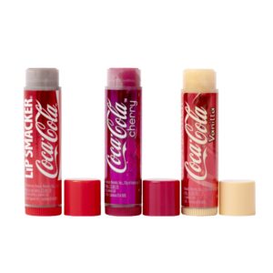 lip smacker coca cola collection, lip balm for kids - cherry coke, coke, vanilla coke, trio