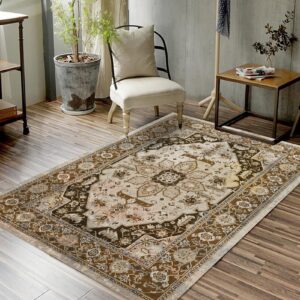 finoren bohemian traditional area rug,stain resistant washable,low pile non-slip rug for living room bedroom dining room kitchen indoor office,room decorative rug,coffee,5x7 feet