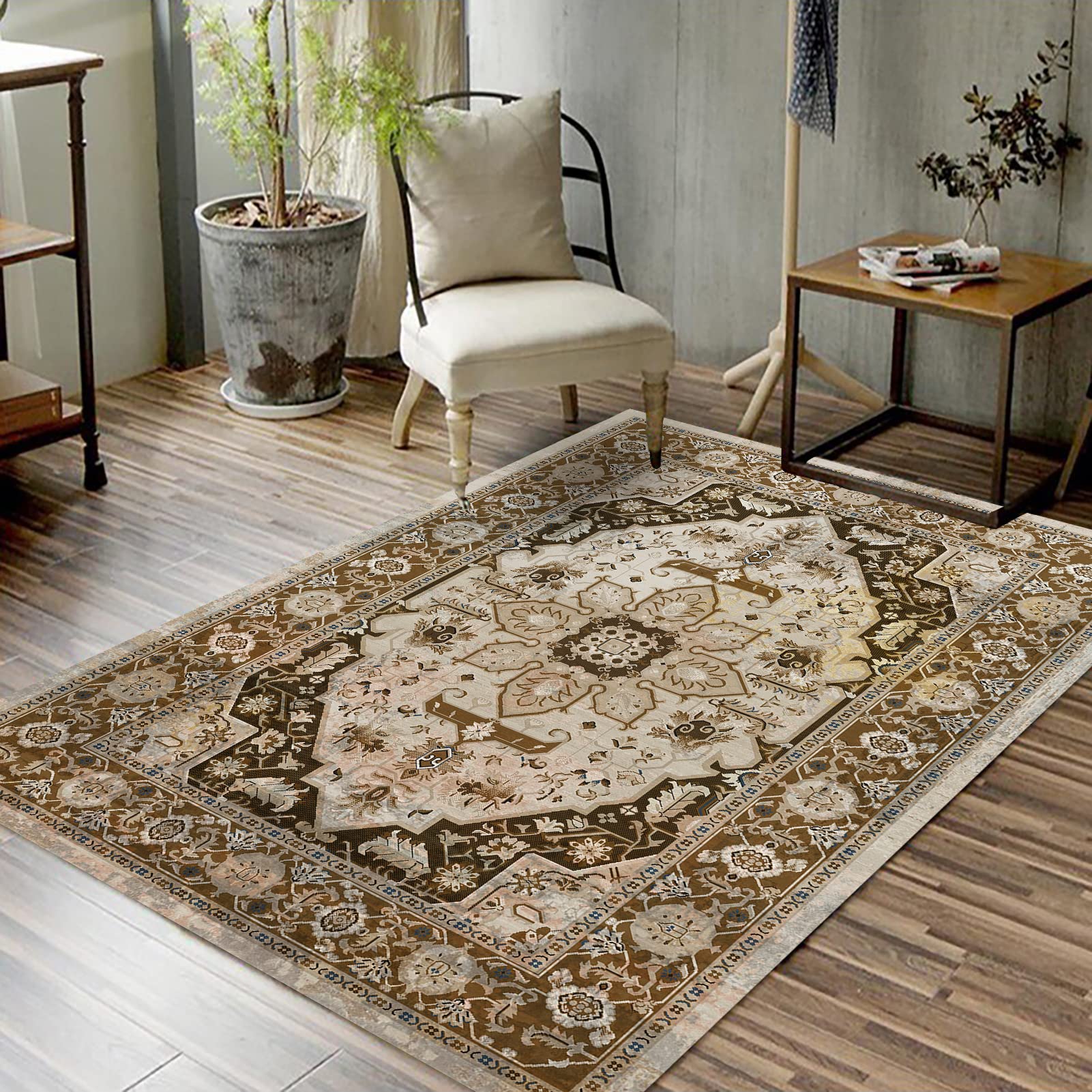 FINOREN Bohemian Traditional Area Rug,Stain Resistant Washable,Low Pile Non-Slip Rug for Living Room Bedroom Dining Room Kitchen Indoor Office,Room Decorative Rug,Coffee,5x7 Feet