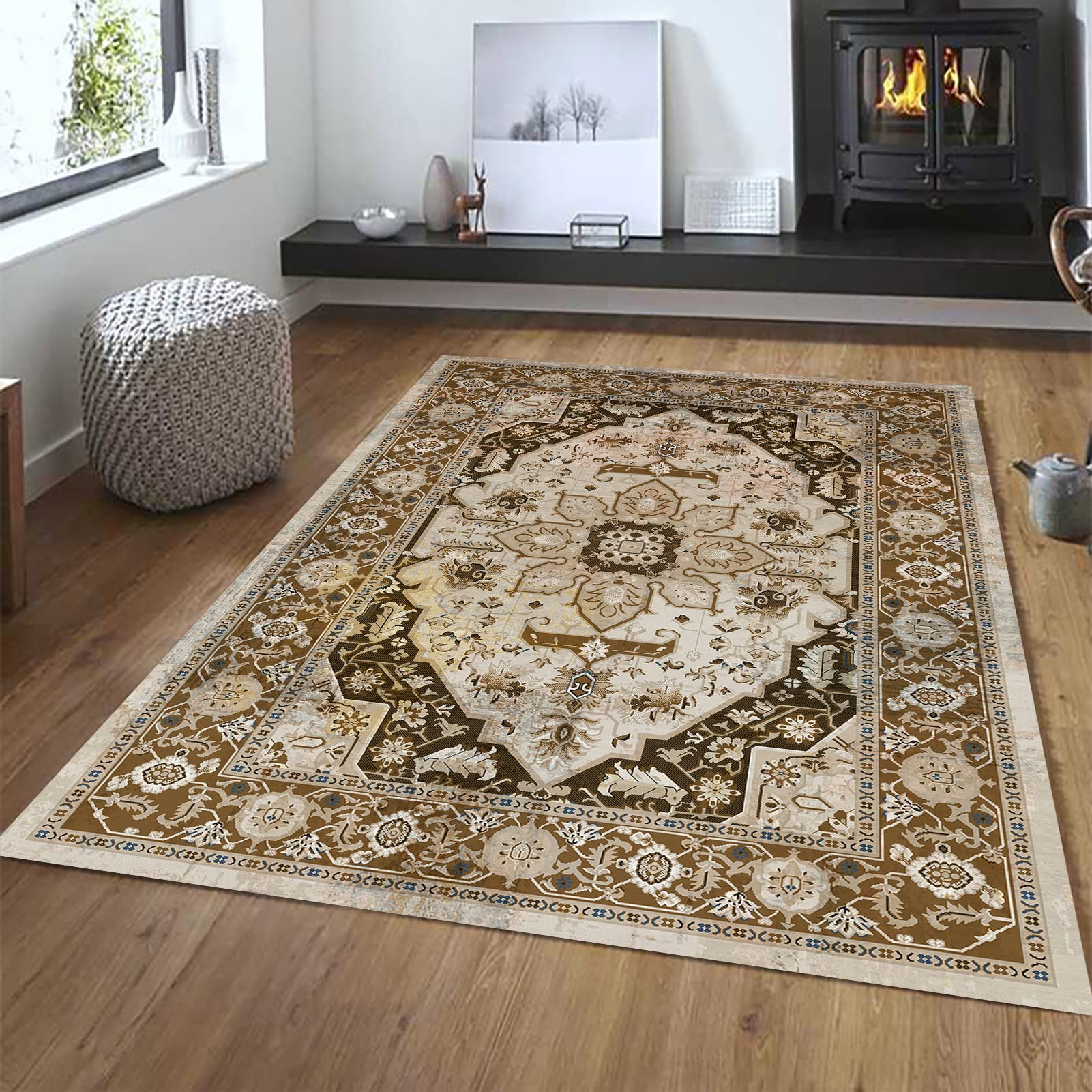 FINOREN Bohemian Traditional Area Rug,Stain Resistant Washable,Low Pile Non-Slip Rug for Living Room Bedroom Dining Room Kitchen Indoor Office,Room Decorative Rug,Coffee,5x7 Feet