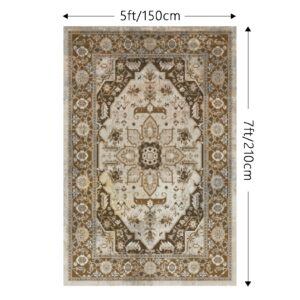 FINOREN Bohemian Traditional Area Rug,Stain Resistant Washable,Low Pile Non-Slip Rug for Living Room Bedroom Dining Room Kitchen Indoor Office,Room Decorative Rug,Coffee,5x7 Feet