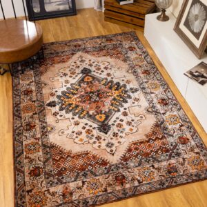 area rugs 5x7 for living room - washable boho bedroom rug vintage stain resistant non-slip rug with rubber backing - oriental persian lrge brown indoor floor carpet for dining room office，brown