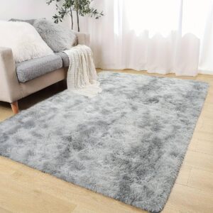 floralux 5x7 rugs light gray tie-dyed, shag area rugs 5x7 for bedroom, fluffy carpets rugs for living room, (5x7 ft., tie-dyed light gray)