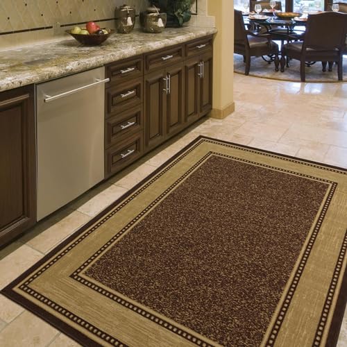 Machine Washable Bordered Design Non-Slip Rubberback 5x7 Traditional Area Rug for Living Room, Bedroom, Kitchen, Dining Room, 5' x 6'6", Brown