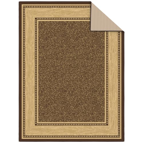 Machine Washable Bordered Design Non-Slip Rubberback 5x7 Traditional Area Rug for Living Room, Bedroom, Kitchen, Dining Room, 5' x 6'6", Brown