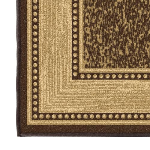 Machine Washable Bordered Design Non-Slip Rubberback 5x7 Traditional Area Rug for Living Room, Bedroom, Kitchen, Dining Room, 5' x 6'6", Brown