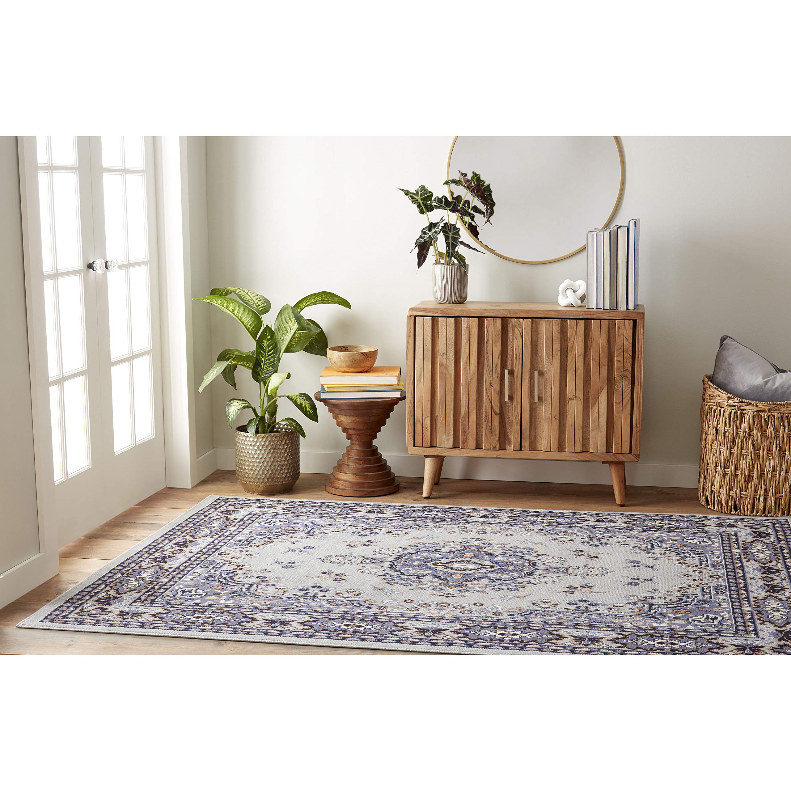 Home Dynamix Premium Sakarya Traditional Medallion Border Area Rug, Silver, 3'7"x5'2" Rectangle