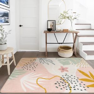 Lahome Pink Rug for Living Room - 5x7 Area Rug Washable Non-Slip Boho Rugs for Bedroom Throw Cute Soft Kids Nursery Rug, Abstract Botanical Print Capet for Classroom Dorm Entryway Office Dining Room