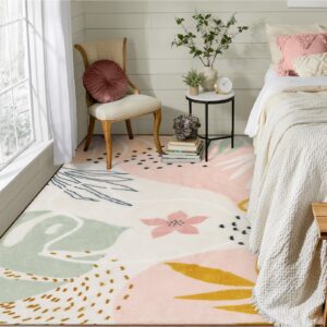 Lahome Pink Rug for Living Room - 5x7 Area Rug Washable Non-Slip Boho Rugs for Bedroom Throw Cute Soft Kids Nursery Rug, Abstract Botanical Print Capet for Classroom Dorm Entryway Office Dining Room