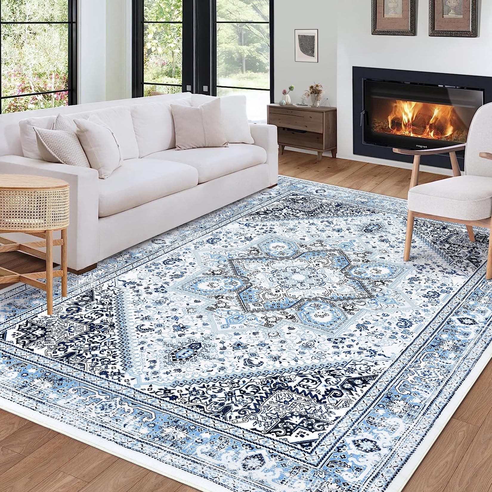 RUGSREAL Bohemian Floral Medallion Area Rug 5x7 Oriental Blue Large Bedroom Rug, Soft Non-Slip Washable Dining Room Mat Indoor Nursery Floor Carpet for Guest Room Entryway, 5x7 Blue