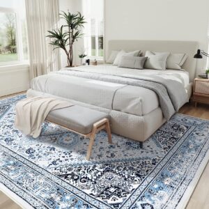 RUGSREAL Bohemian Floral Medallion Area Rug 5x7 Oriental Blue Large Bedroom Rug, Soft Non-Slip Washable Dining Room Mat Indoor Nursery Floor Carpet for Guest Room Entryway, 5x7 Blue