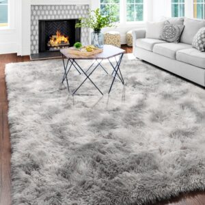 amdrebio tie-dyed light grey area rug for bedroom, soft shag furry rug 5x7 for living room, fluffy fuzzy rugs for kids room decor, modern shaggy carpet for classroom office, plush indoor rug