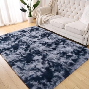 terrug fluffy area rugs for living room bedroom, 5x8 feet tie-dyed blue grey shag large rug fuzzy throw carpet, anti-skid modern indoor shaggy rug for boy girls kids nursery room dorm home decor