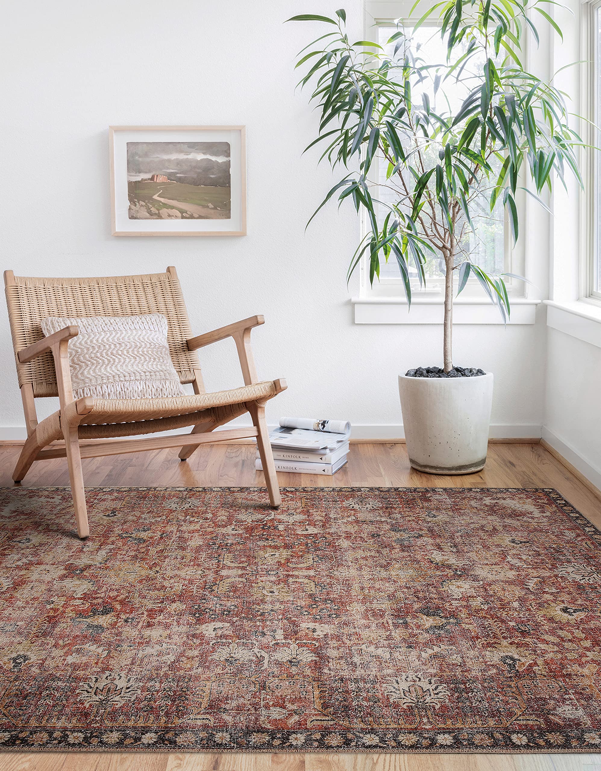 Valenrug Washable Rug 5x7 - Ultra-Thin Antique Collection Area Rug, Stain Resistant Rugs for Living Room Bedroom, Distressed Vintage Rug(Orange, 5'x7')