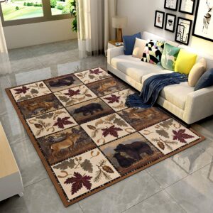 EXINBU Bear Deer Rug, Brown Cabin Area Rug, 5x7ft, Wild Animal Black Bear Moose Design Non-Slip Rug, Natural Plant Maple Leaf Pine Cone Printed Floor Mat for Living Room Bedroom Dining Room