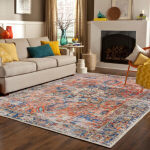 i-vties 5'x7' area rug stain resistant for living room,boho vintage distressed washable area rugs with non-slip rubber backing,printed home low-pile carpet for bedroom,office,kitchen,orange