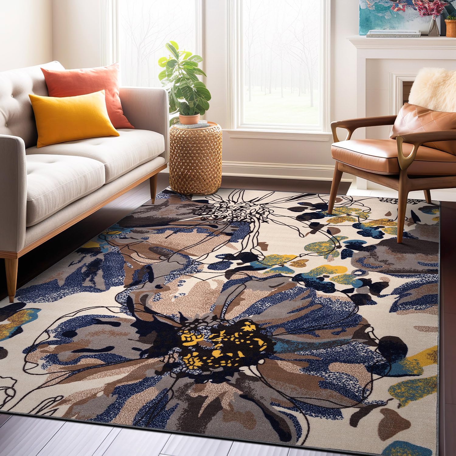 Rugshop Modern Bright Flowers Non-Slip (Non-Skid) Area Rug 5 X 7 (5' 3" X 7' 3") Cream