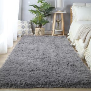 fluffy rugs for bedroom 5x7 - soft shag plush area rug for living room - fuzzy modern gray non-skid shaggy carpet for boys kids playroom dorm