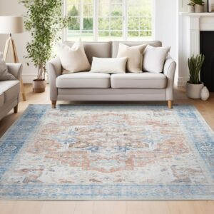 jinchan area rug 5x7 washable rug bedroom vintage rug non slip foldable accent rug thin rug retro floral print indoor carpet for living room kitchen farmhouse blue orange