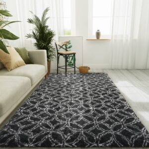 lochas 5x8 feet shag area rug for bedroom living room, modern moroccan fluffy rugs for girls kids room home decor, extra soft geometric carpet, dark grey and white