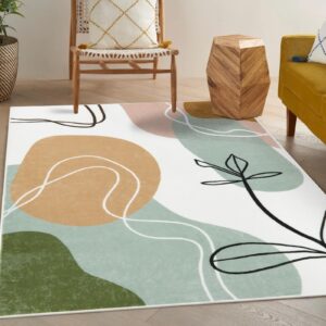 wonnitar boho art 5x7 rug,washable modern abstract living room area rug,minimalist aesthetic non-slip throw rug for bedroom,non-shedding print indoor floor carpet for dorm den,pink/green