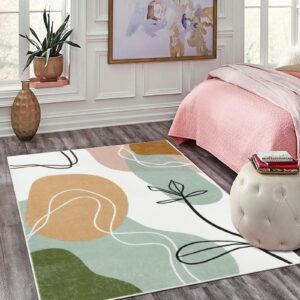 Wonnitar Boho Art 5x7 Rug,Washable Modern Abstract Living Room Area Rug,Minimalist Aesthetic Non-Slip Throw Rug for Bedroom,Non-Shedding Print Indoor Floor Carpet for Dorm Den,Pink/Green