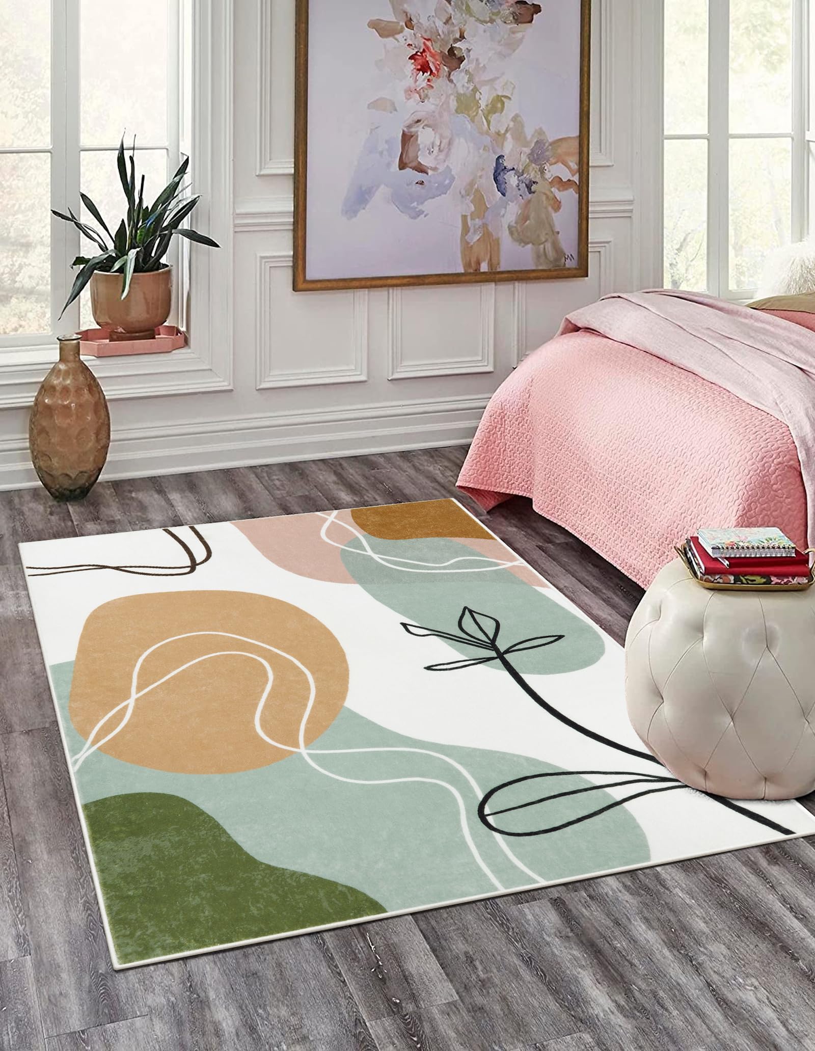 Wonnitar Boho Art 5x7 Rug,Washable Modern Abstract Living Room Area Rug,Minimalist Aesthetic Non-Slip Throw Rug for Bedroom,Non-Shedding Print Indoor Floor Carpet for Dorm Den,Pink/Green