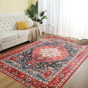 comeet area rug living room bedroom rug, washable vintage anti slip floor carpet for dining home red/blue, 5'x8'