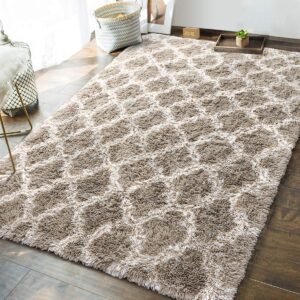 andecor 5x8 area rugs for bedroom living room, shaggy geometric indoors carpet for dorm girls boys kids room nursery home decor aesthetic rug, camel and white