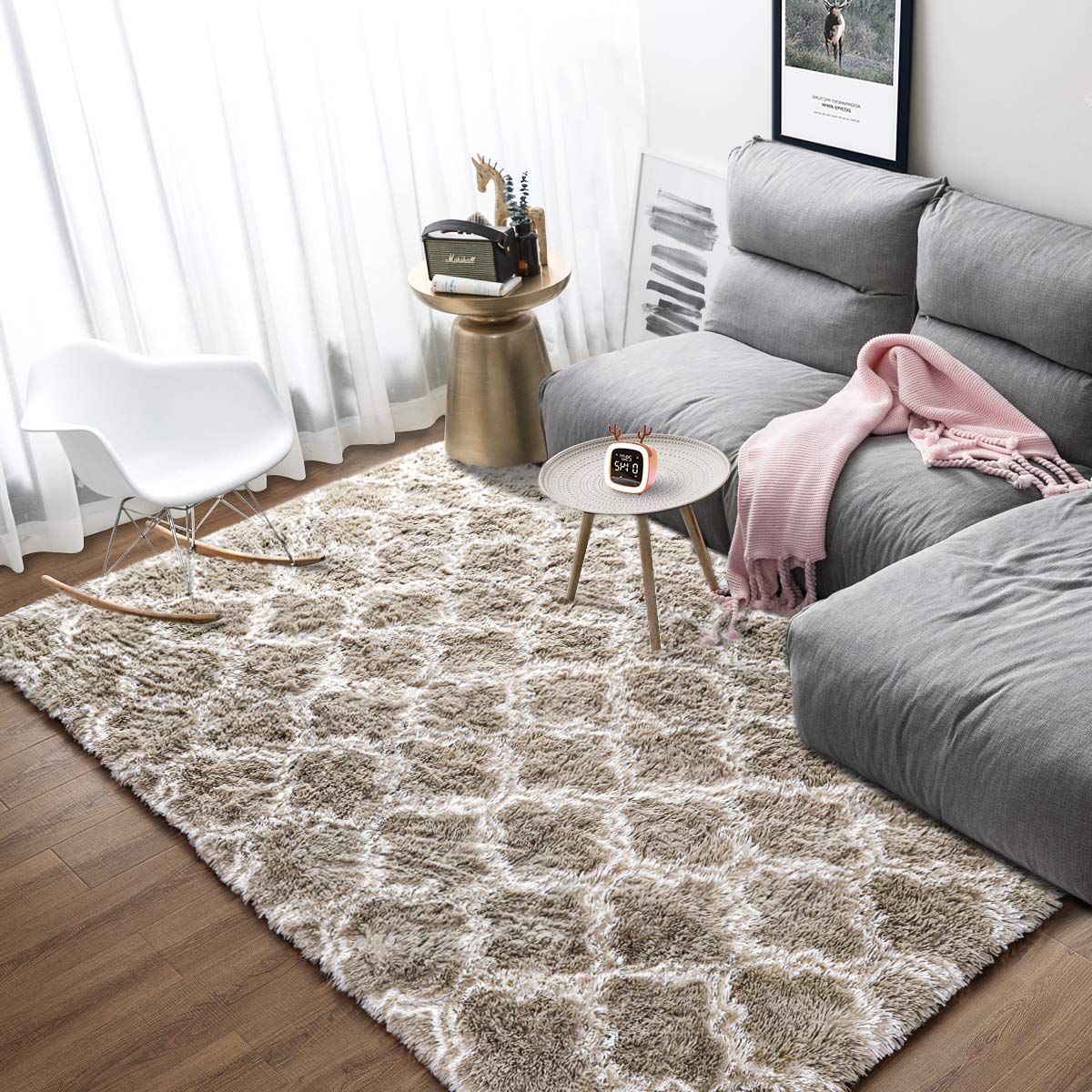 Andecor 5x8 Area Rugs for Bedroom Living Room, Shaggy Geometric Indoors Carpet for Dorm Girls Boys Kids Room Nursery Home Decor Aesthetic Rug, Camel and White