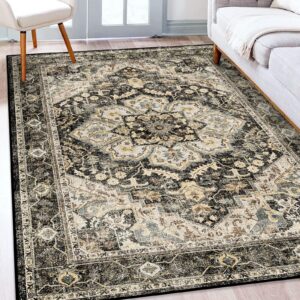 topruug washable oriental area rug - 5x8 rugs for living room soft carpet for bedroom waterproof floral distressed indoor stain resistant non-shedding floor carpets (black/grey, 5x8)