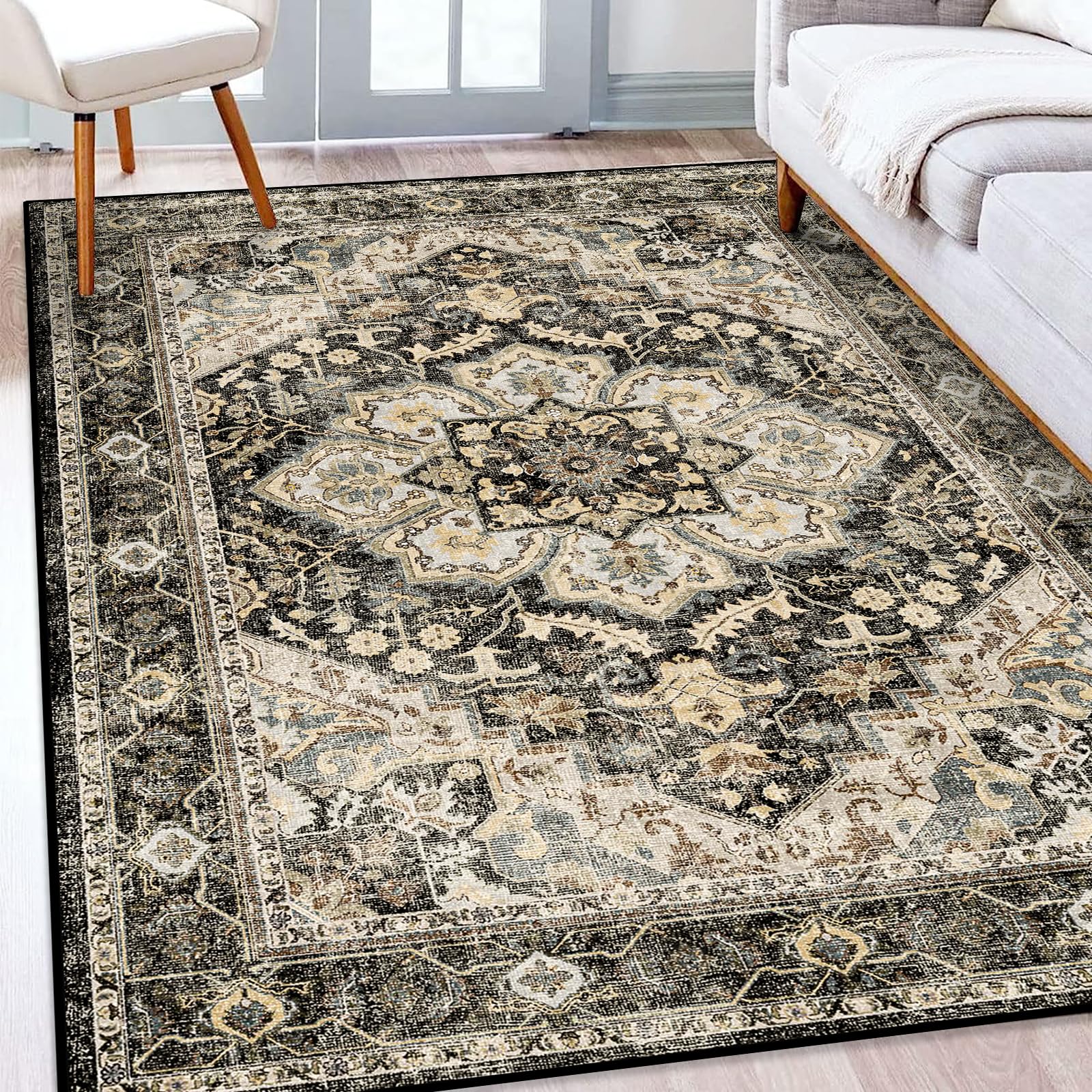 TOPRUUG Washable Oriental Area Rug - 5x8 Rugs for Living Room Soft Carpet for Bedroom Waterproof Floral Distressed Indoor Stain Resistant Non-Shedding Floor Carpets (Black/Grey, 5x8)