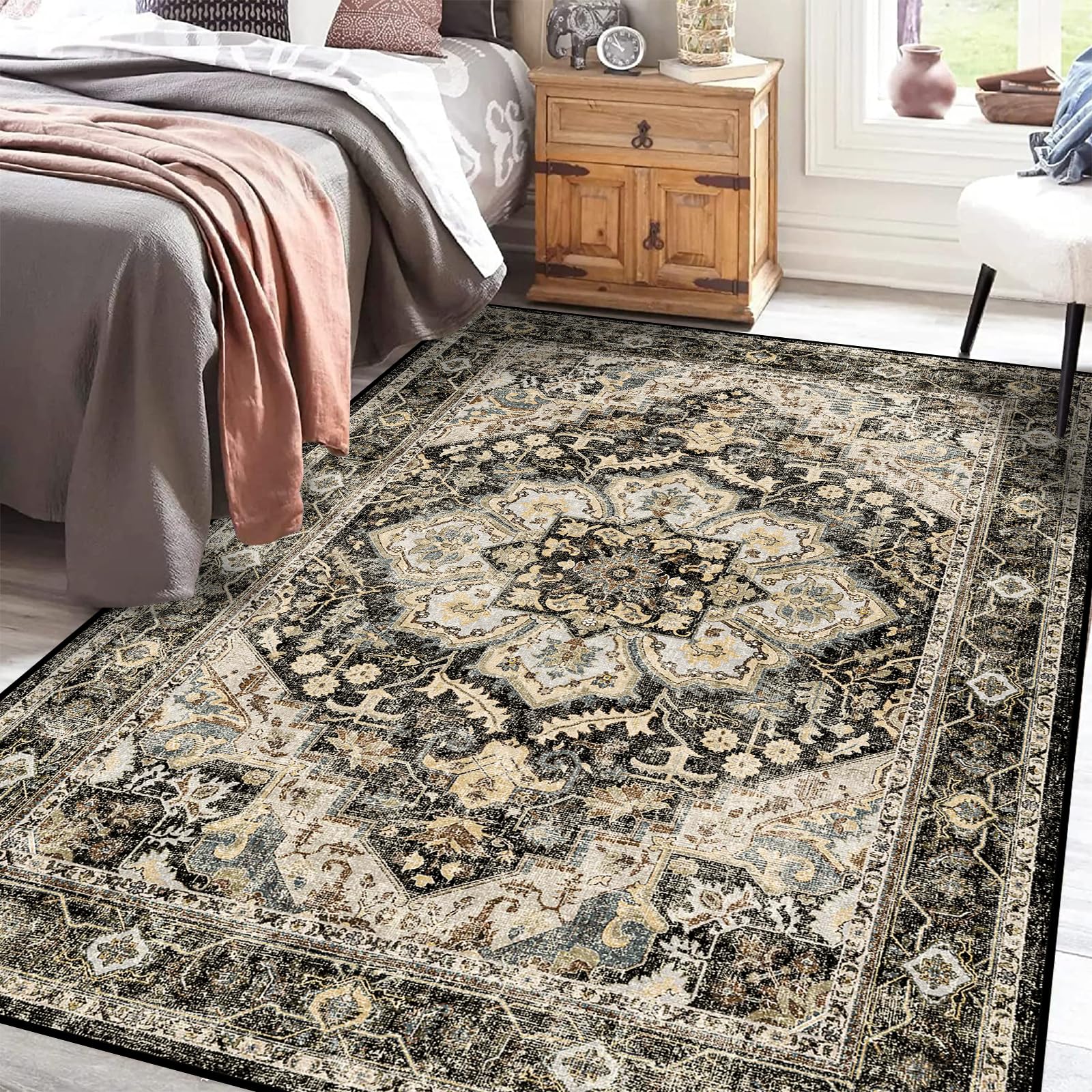 TOPRUUG Washable Oriental Area Rug - 5x8 Rugs for Living Room Soft Carpet for Bedroom Waterproof Floral Distressed Indoor Stain Resistant Non-Shedding Floor Carpets (Black/Grey, 5x8)