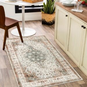 moespace oriental area rug - 3x5 washable rug boho non-slip indoor rug for kitchen entryway, low-pile front door mat print distressed accent rug for bedroom entry foyer laundry, taupe