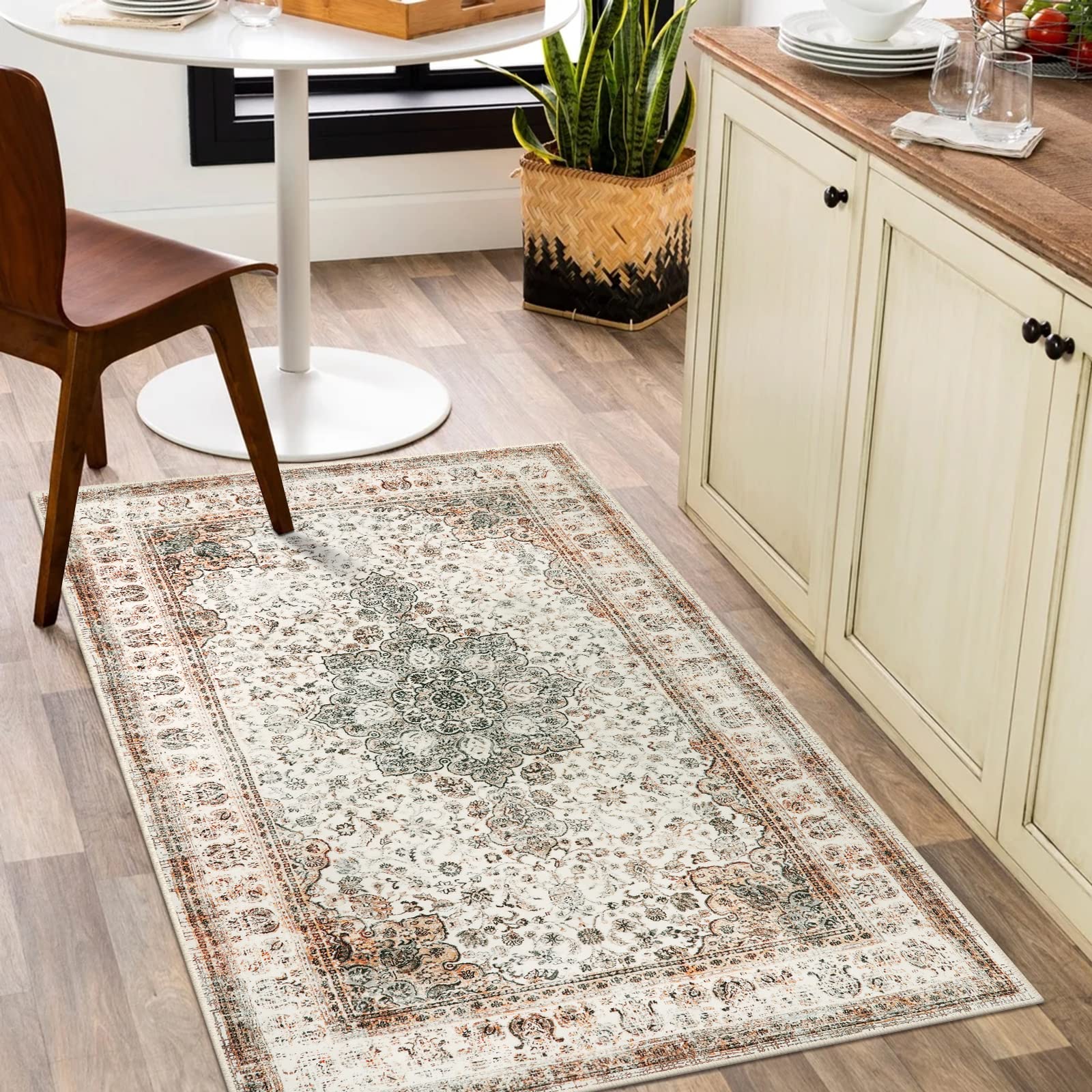 Moespace Oriental Area Rug - 3x5 Washable Rug Boho Non-Slip Indoor Rug for Kitchen Entryway, Low-Pile Front Door Mat Print Distressed Accent Rug for Bedroom Entry Foyer Laundry, Taupe