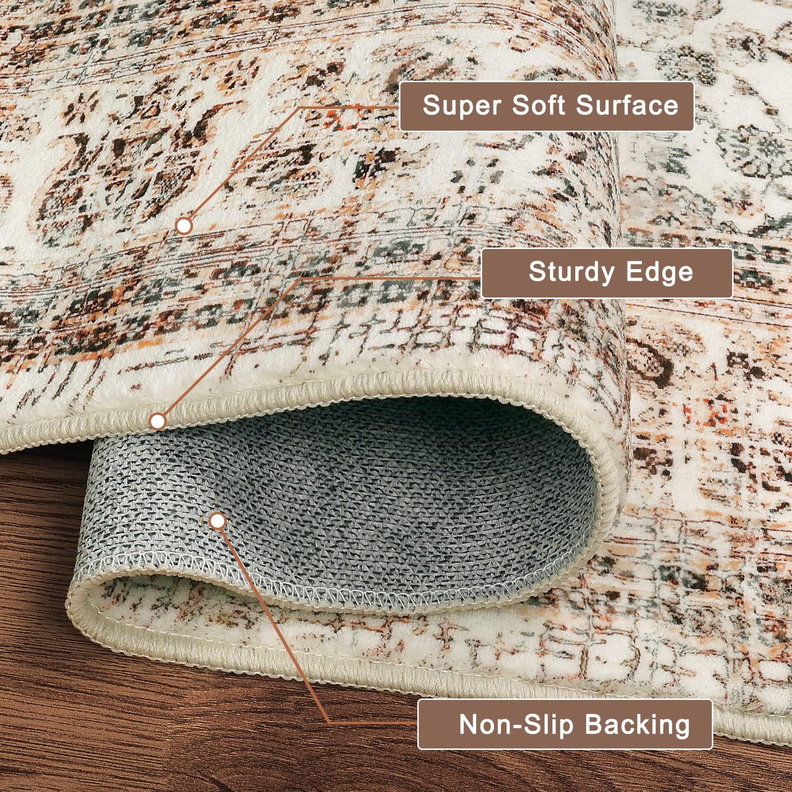 Moespace Oriental Area Rug - 3x5 Washable Rug Boho Non-Slip Indoor Rug for Kitchen Entryway, Low-Pile Front Door Mat Print Distressed Accent Rug for Bedroom Entry Foyer Laundry, Taupe