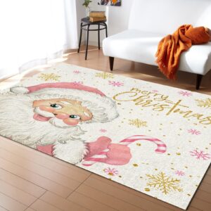 cute pink santa area rug, 5x7ft, merry christmas golden snowflake candy indoor throw carpet, foldable breathable cozy rubber backed non-slip floor rugs for living room kids teen nursery