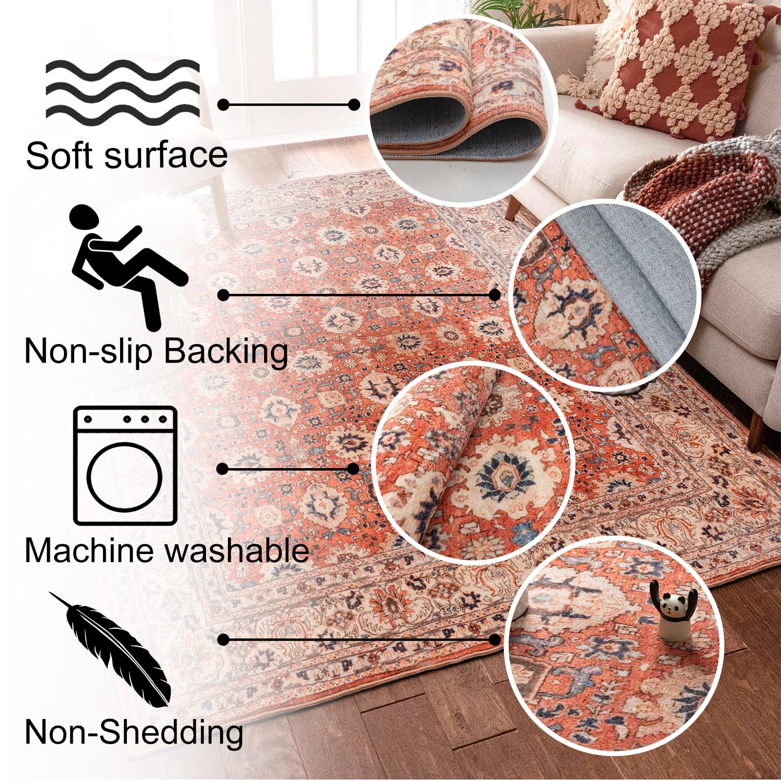 Lbris Area Rug 5x7 Machine Washable Rugs for Living Room Bedroom,Non-Slip Stain-Resistant Large Dining Room Rugs with Rubber Backing,Extra Soft Non Shedding Non Skid Vintage Carpet