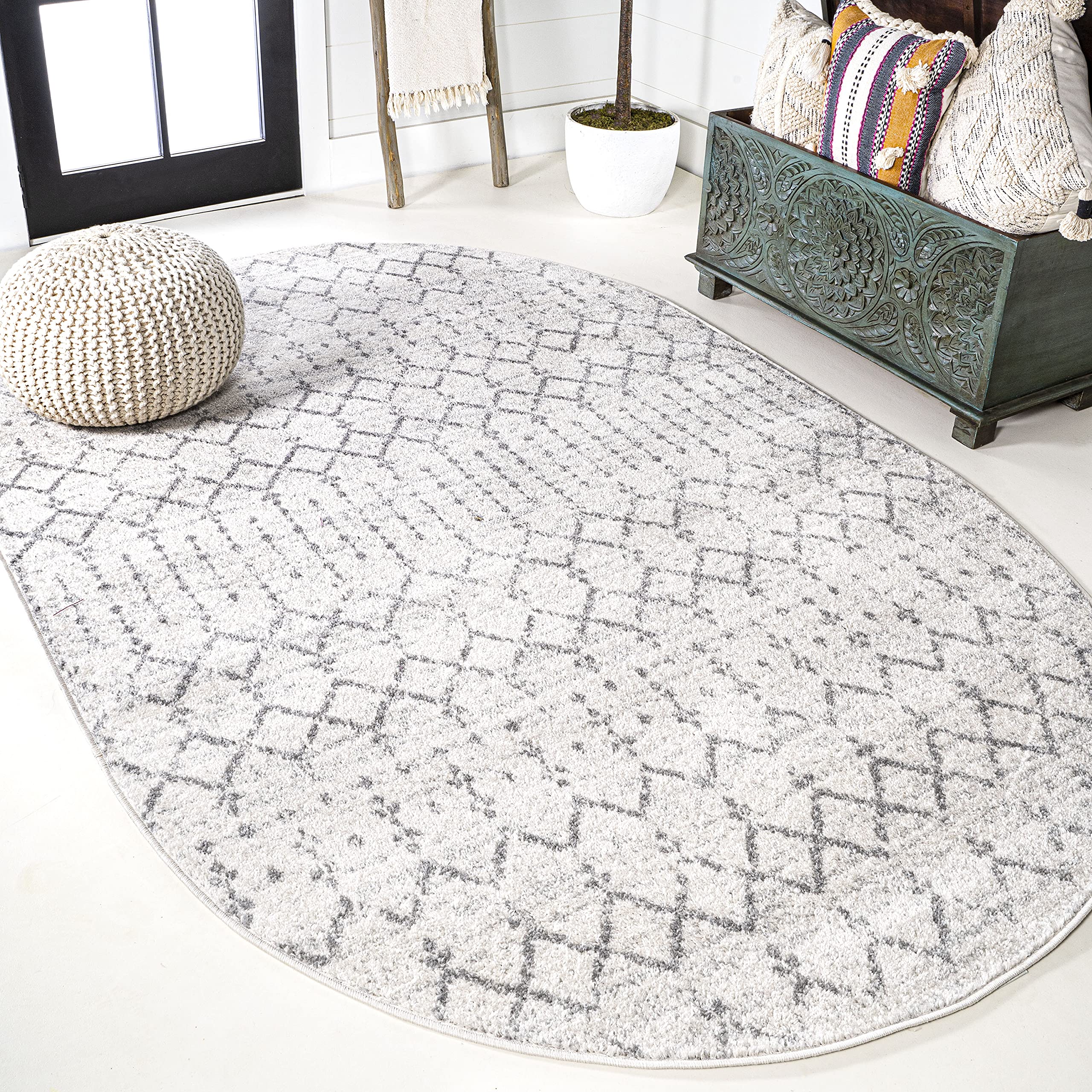 JONATHAN Y MOH101B-3OV Moroccan Hype Boho Vintage Diamond 3 ft. x 5 ft. Oval Area-Rug, Bohemian, Southwestern, Transitional, Pet Friendly, Non Shedding, Stain Resistant, Easy-Cleaning, Cream/Gray