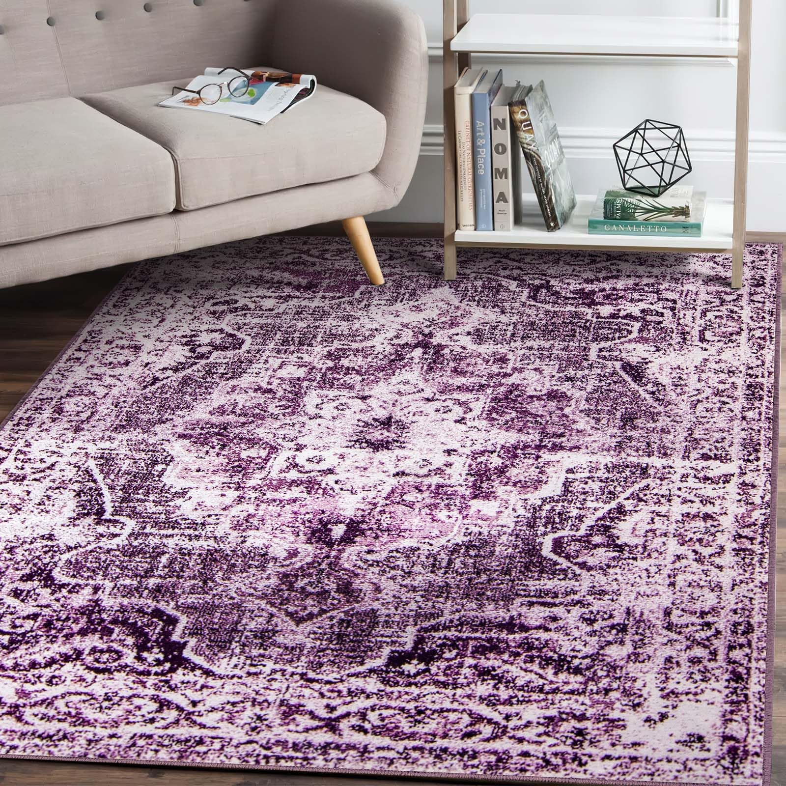 Washable Area Rug 5X7,Purple Bohemian Medallion Area Rug Vintage Living Room Rug Entrance Carpet Non-Slip Throw Rug for Bedroom Living Room Kitchen Laundry Room Entryway