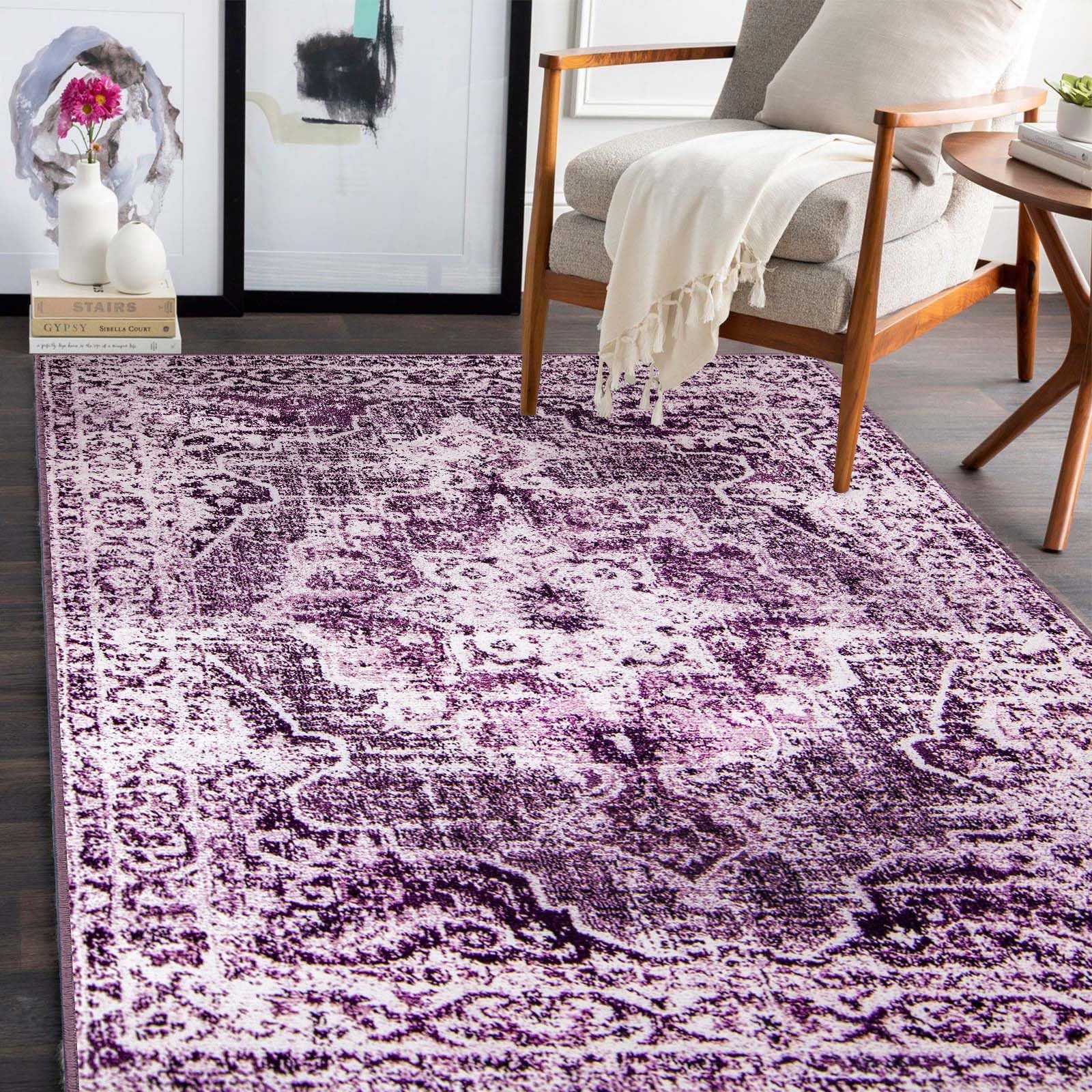 Washable Area Rug 5X7,Purple Bohemian Medallion Area Rug Vintage Living Room Rug Entrance Carpet Non-Slip Throw Rug for Bedroom Living Room Kitchen Laundry Room Entryway